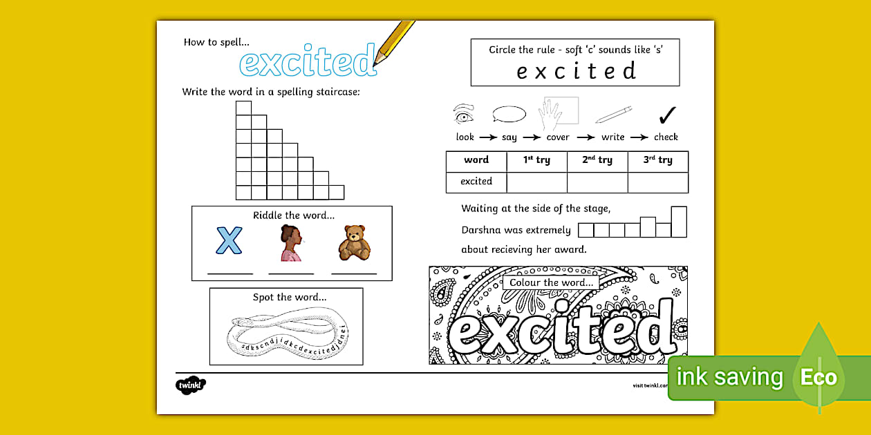 How to Spell Excited Activity Sheet (teacher made) - Twinkl