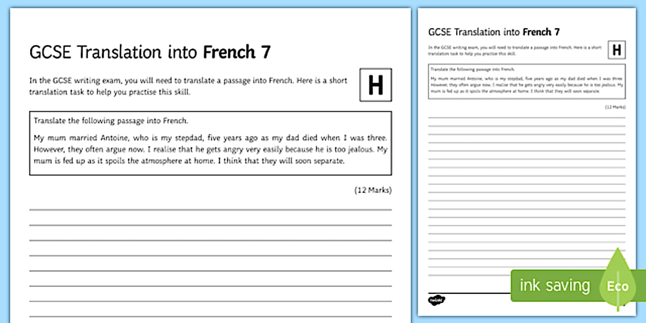 GCSE French: Translation into French 7 - Higher Tier Worksheet