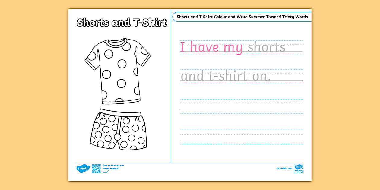 Shorts T-Shirt Colour and Write Summer-Themed Tricky Words