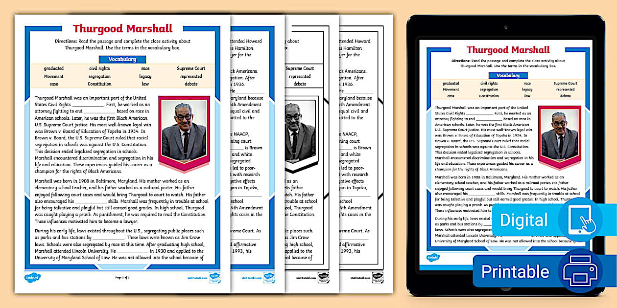 Sixth Grade Reading: Thurgood Marshall Cloze Worksheet