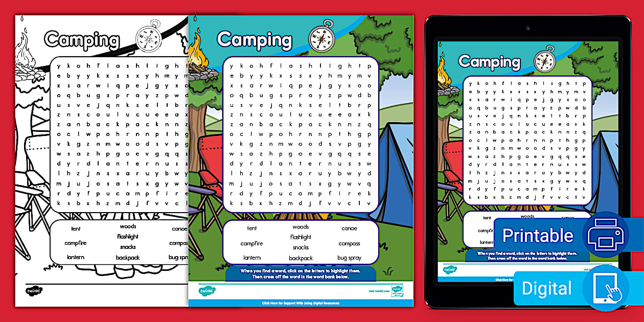 Camping Word Search for K-2nd Grade