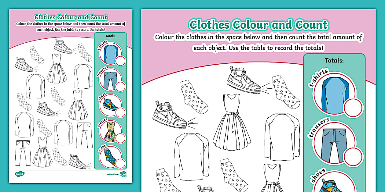 Clothes Colour and Count Worksheet (teacher made) - Twinkl