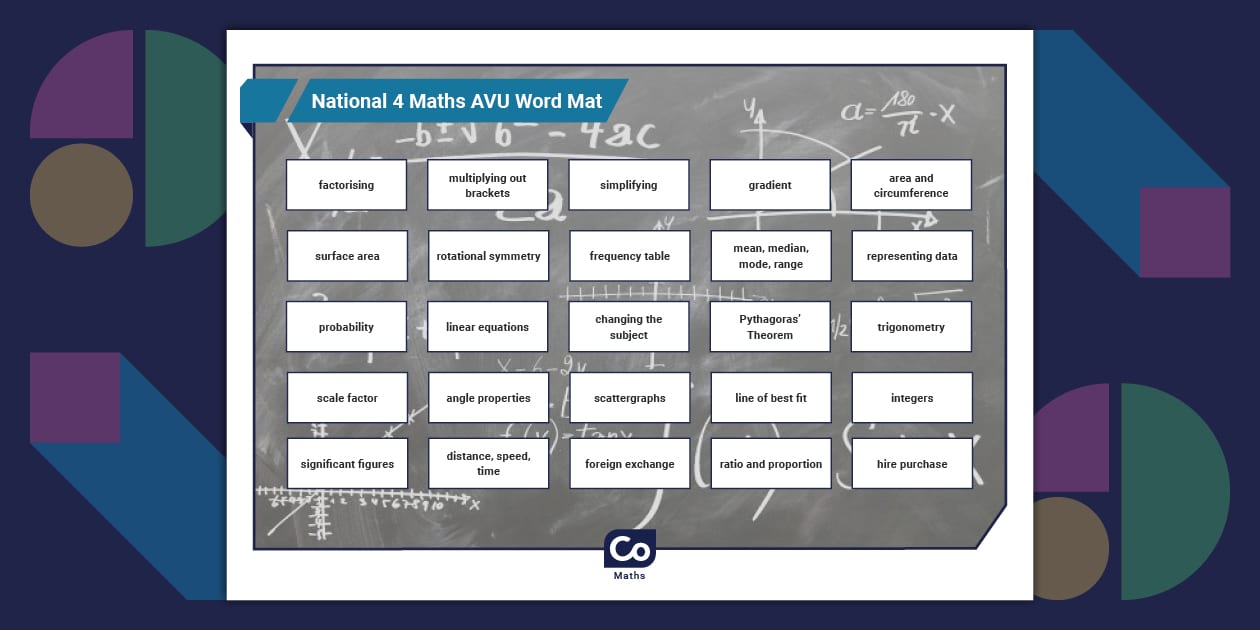 National 4 Maths AVU Key Word Revision Mat (teacher made)