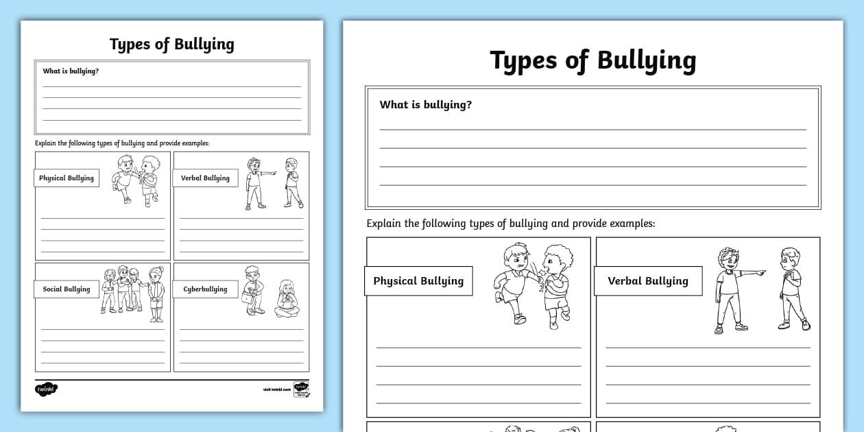 Four Types of Bullying Worksheet for 3rd-5th Grade - Twinkl