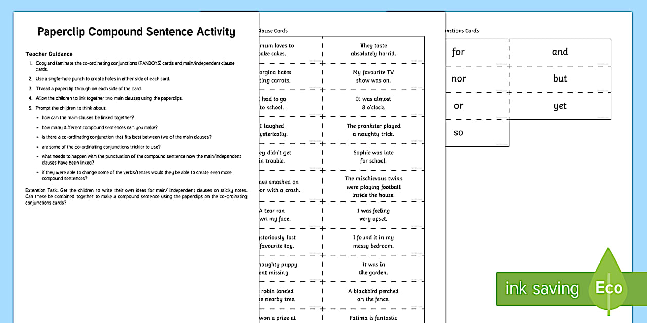 What Is a Compound Sentence?: Paperclip Compound Sentence Activity