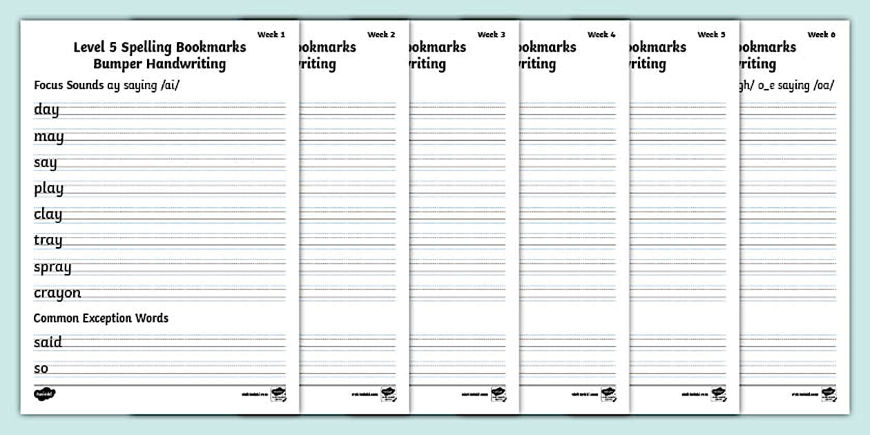 Level 5 Spelling Bookmarks Bumper Handwriting Activity Sheets