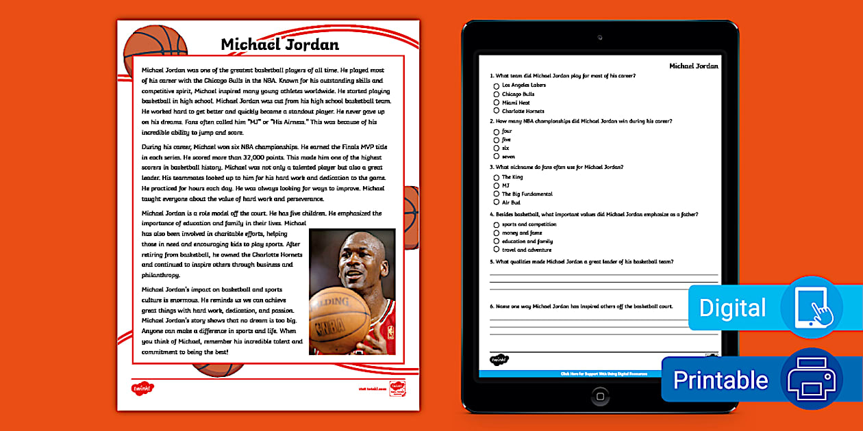 Third Grade Michael Jordan Reading Comprehension Worksheet