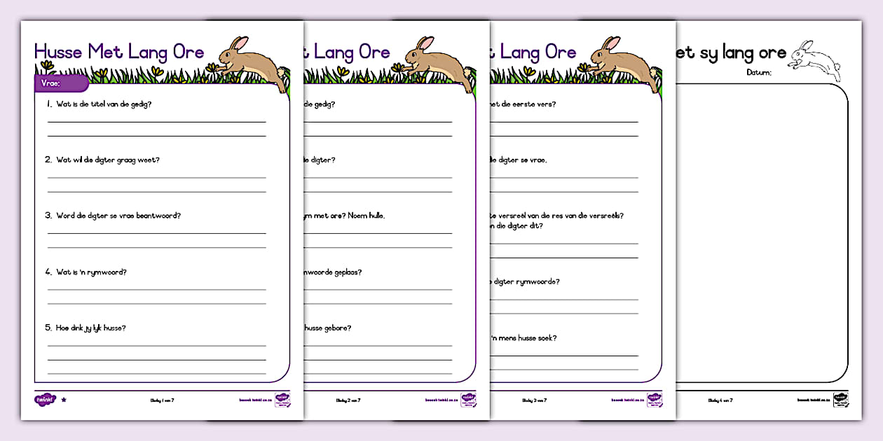 Husse met lang ore. Begripstoets (Teacher-Made) - Twinkl