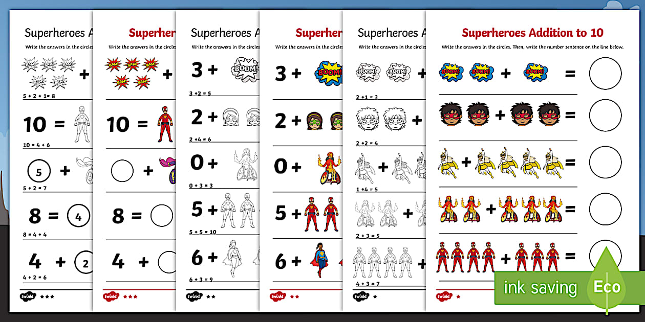 Editable Superheroes Addition Up to 10 Worksheet - Twinkl