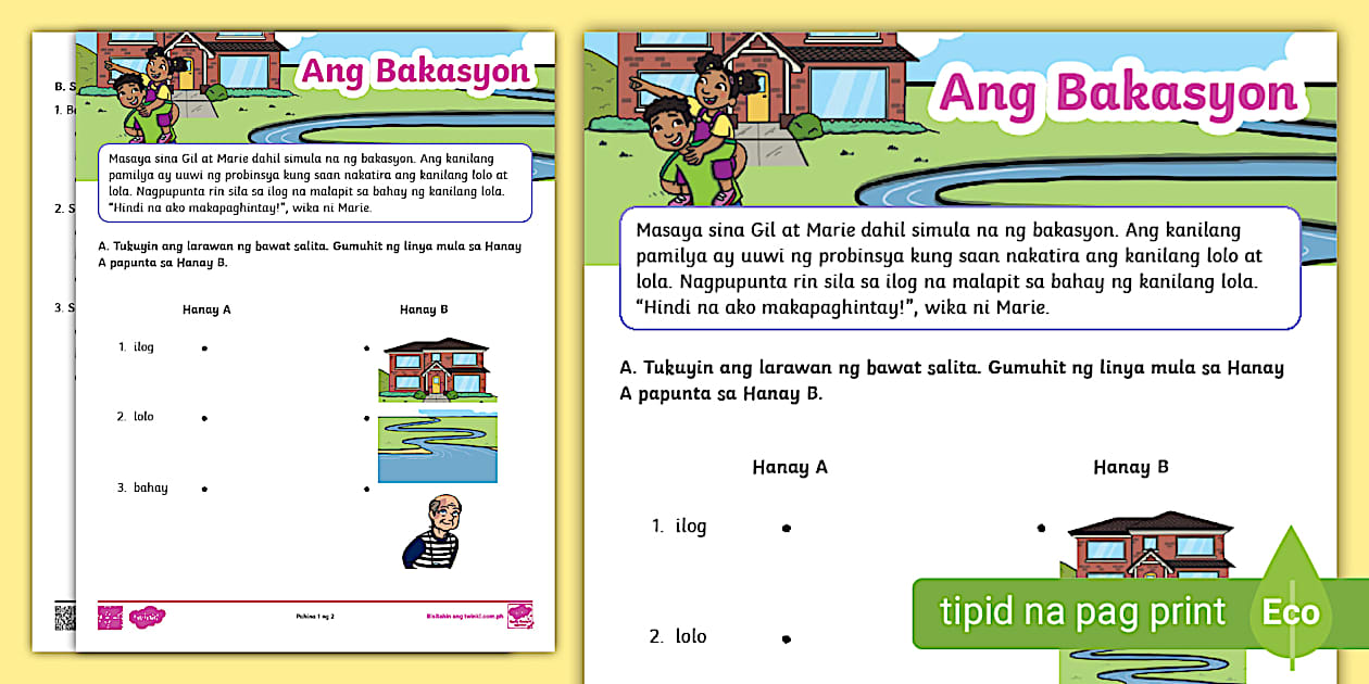 Pagbasa at Pag-unawa Worksheets (Ang Bakasyon) | Twinkl