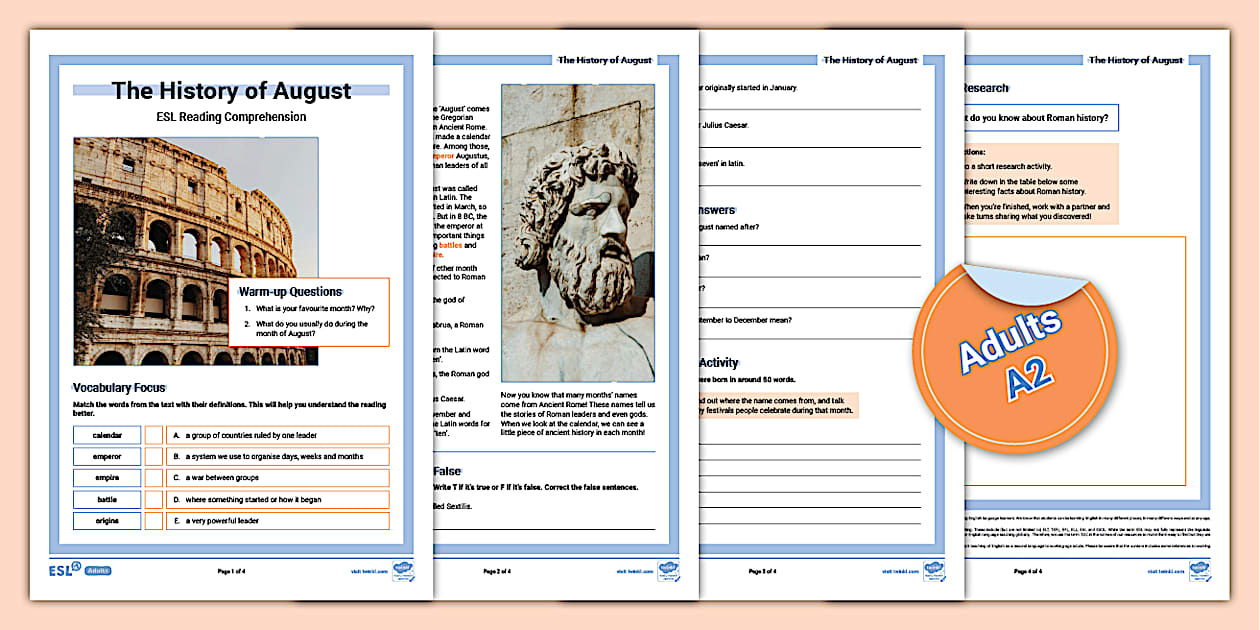 ESL The History of August Reading Comprehension [Adults, A2]
