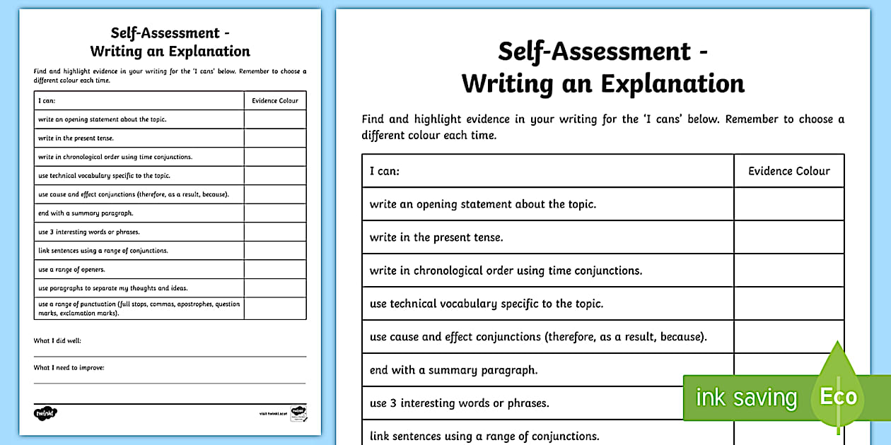Editable Second Level Writing an Explanation Self Assessment Checklist