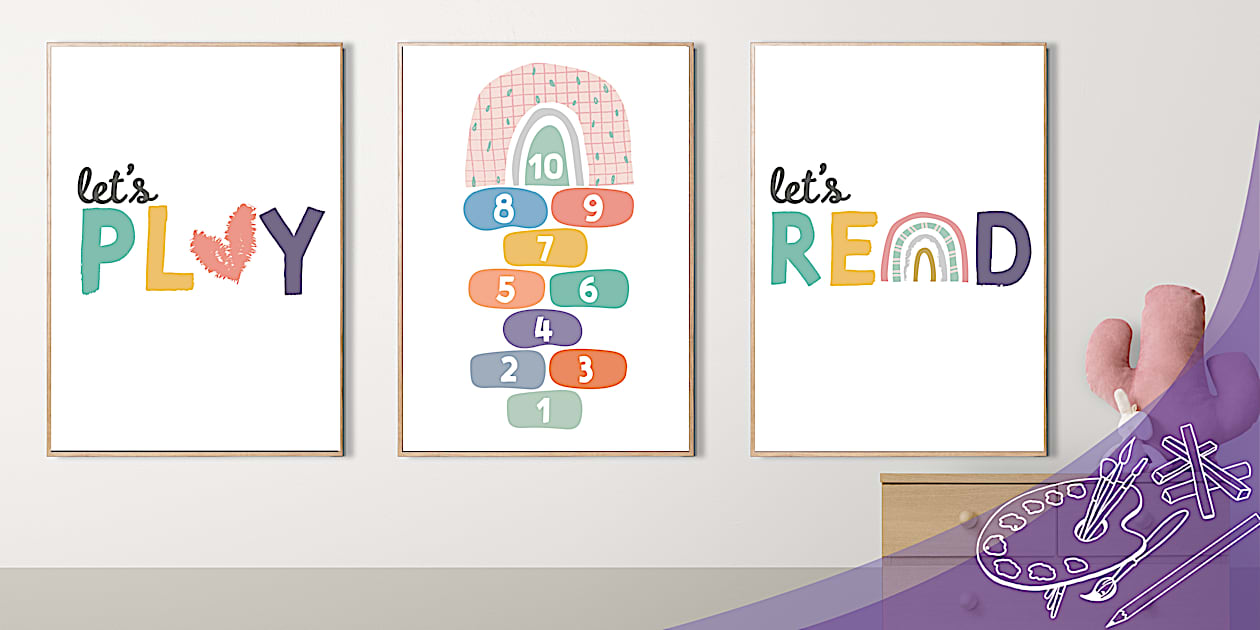 Let's Play Let's Read Muted Rainbow-Themed Posters Pack