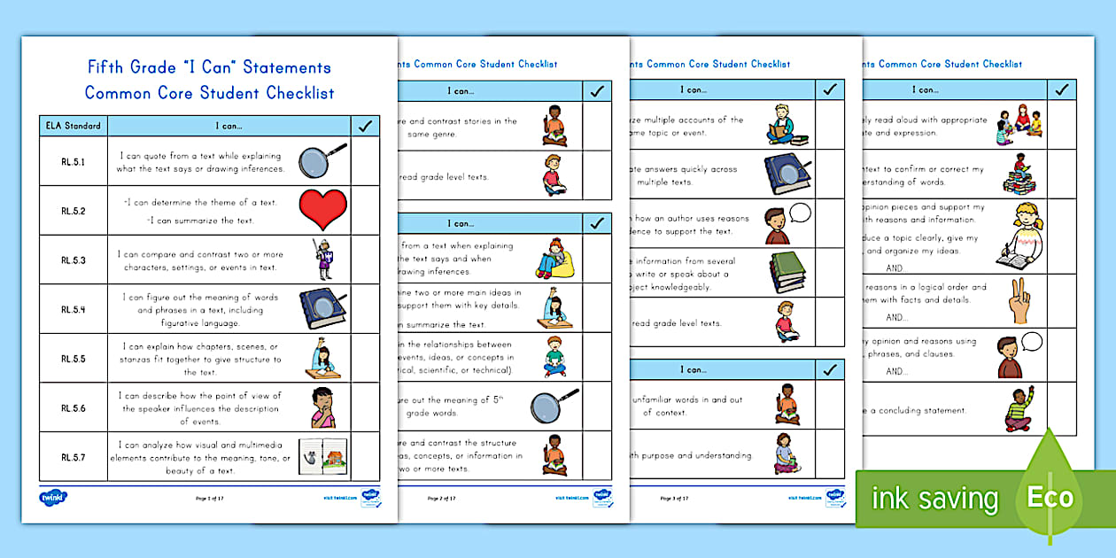 Fifth Grade Common Core Standards Student Checklist - Twinkl