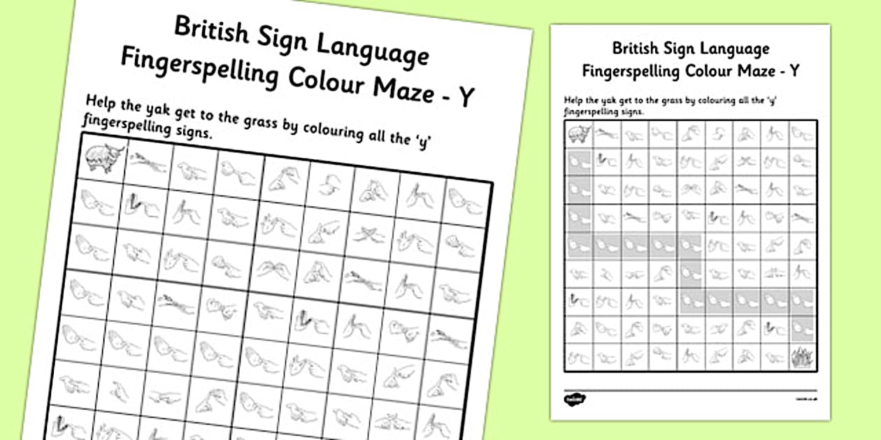 British Sign Language Left Handed Fingerspelling Colour Maze Y