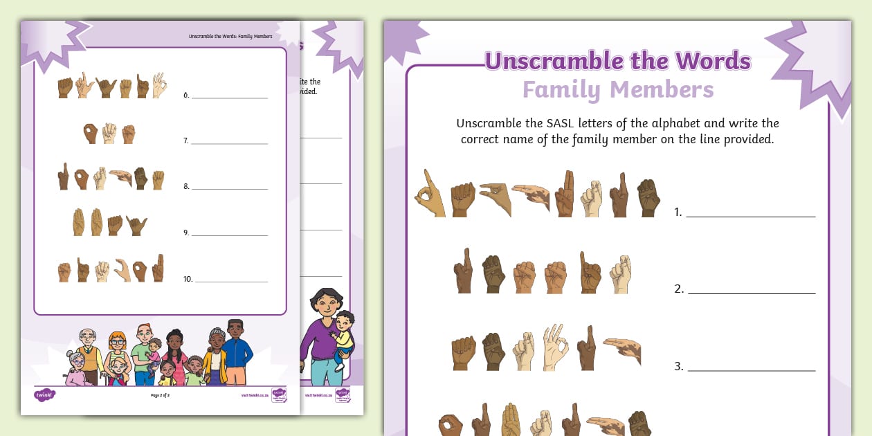 SASL Family Members Word Unscramble Activity (teacher made)