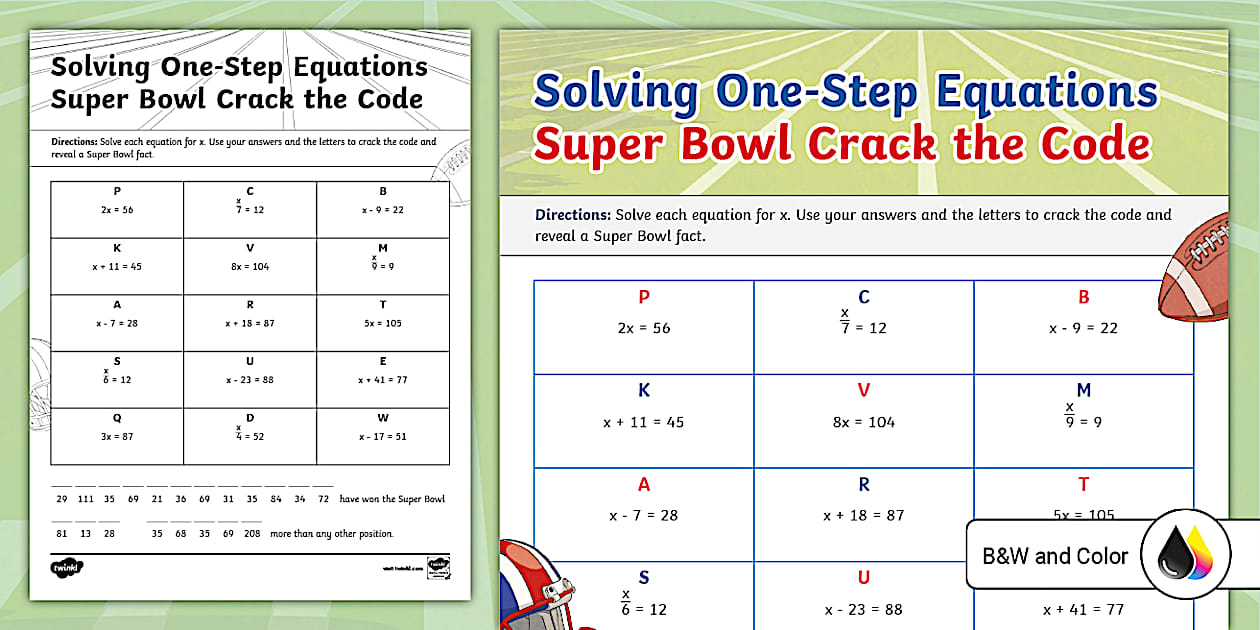 Sixth Grade Solving One-Step Equations Super Bowl Crack the Code Worksheet