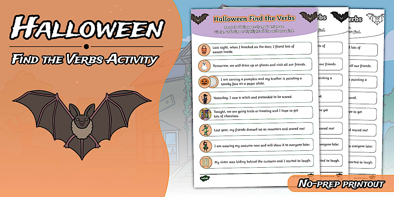Halloween Find the Verbs Worksheet - Twinkl