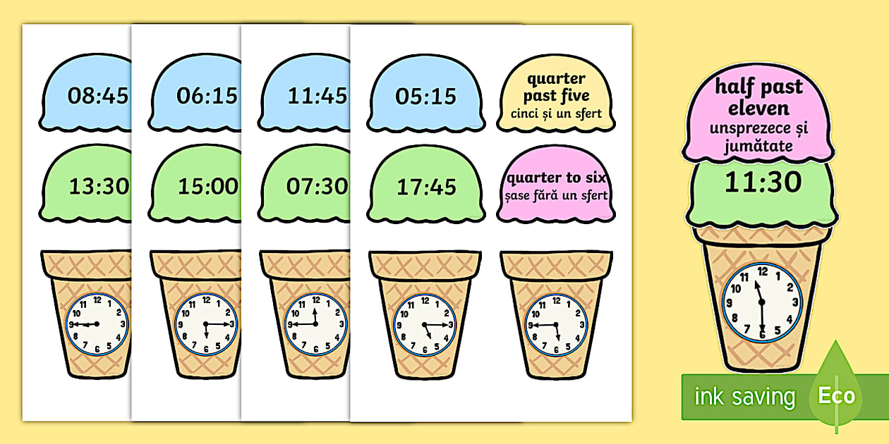 Telling the Time Ice Cream Cone Matching Activity English/Romanian ...