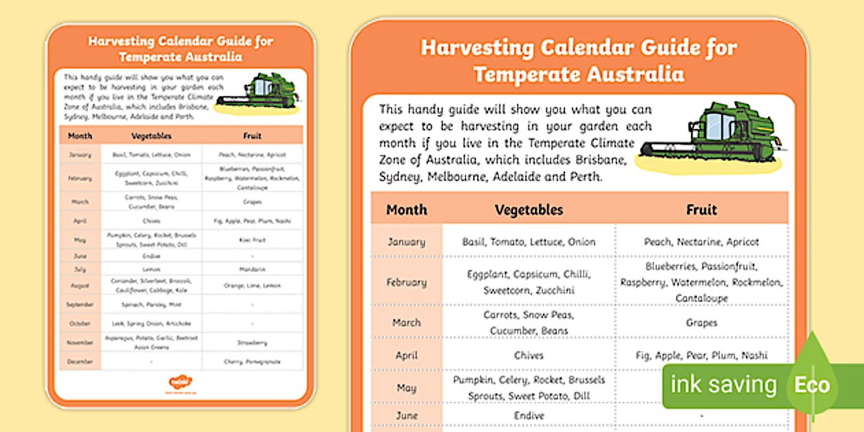 QLD Harvesting Guide for Temperate Australia Calendar