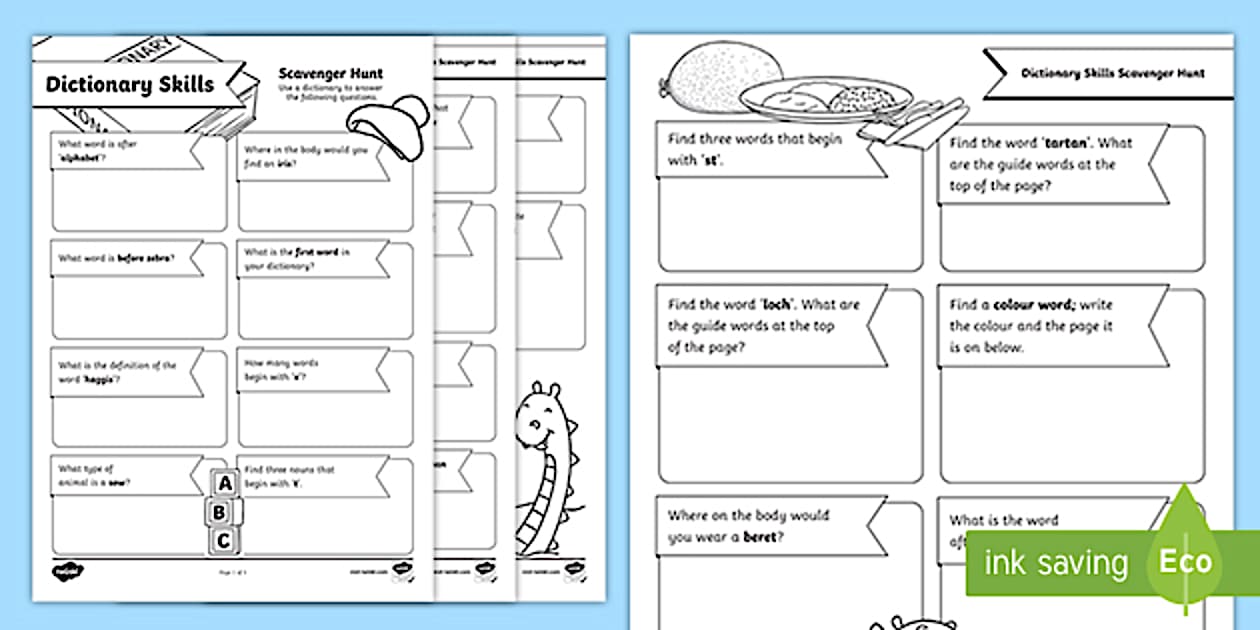 Editable Using a Dictionary Scavenger Hunt Worksheet
