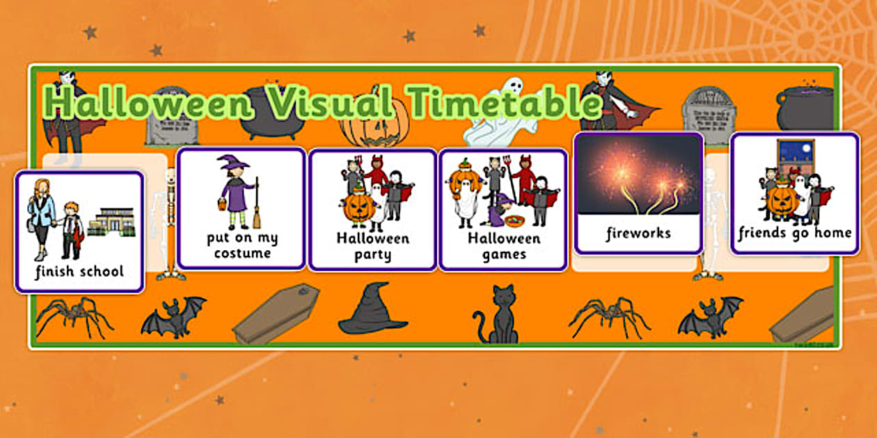 Black and White Visual Timetable for Halloween - Twinkl