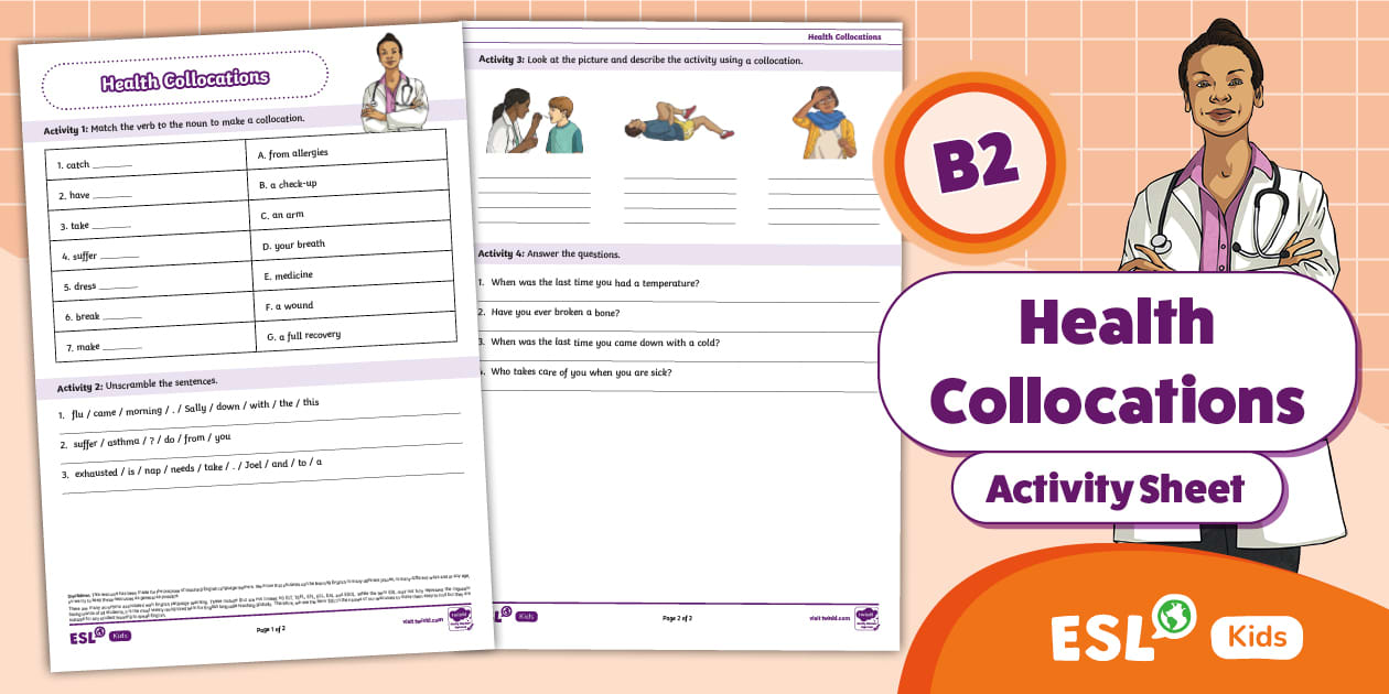 ESL Health Collocations Activity Sheet for Kids {B2}