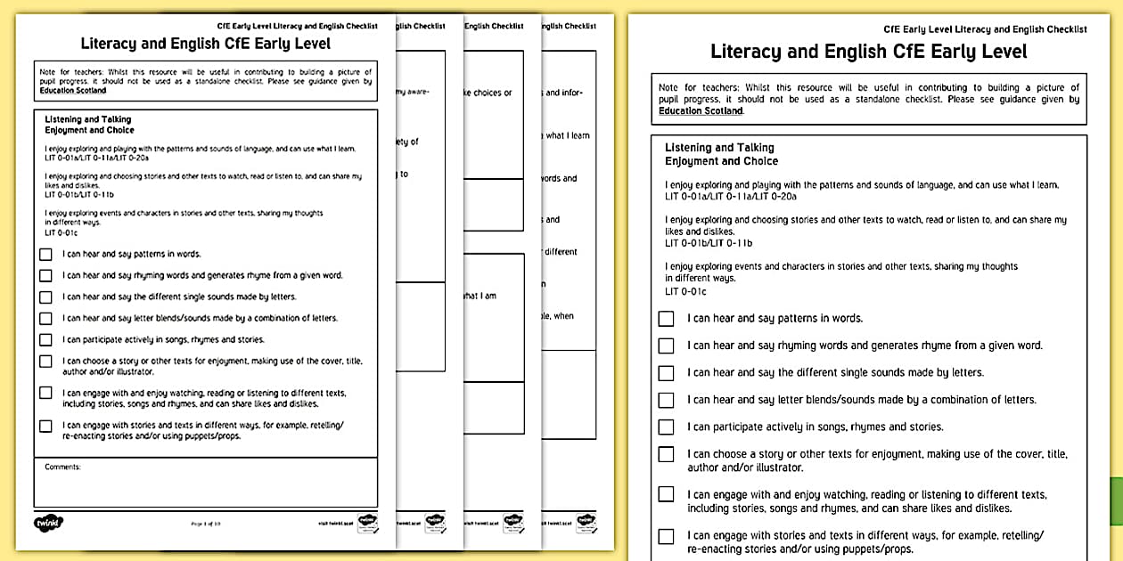CfE Early Level Literacy and English Checklist - Twinkl