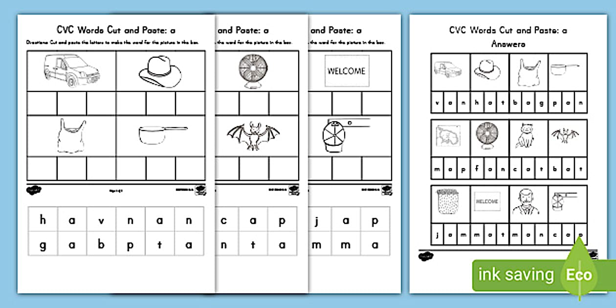CVC Words 'a' Cut and Paste Worksheets for K-1st Grade