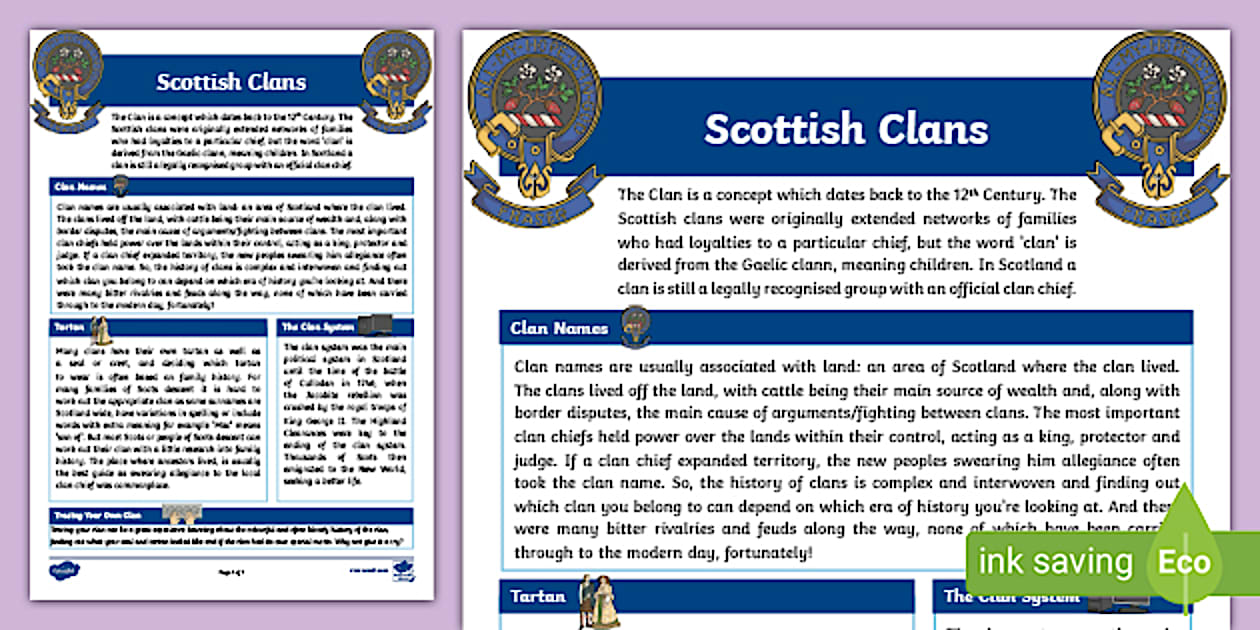 Black and White Scottish Clans Fact Sheet - Twinkl