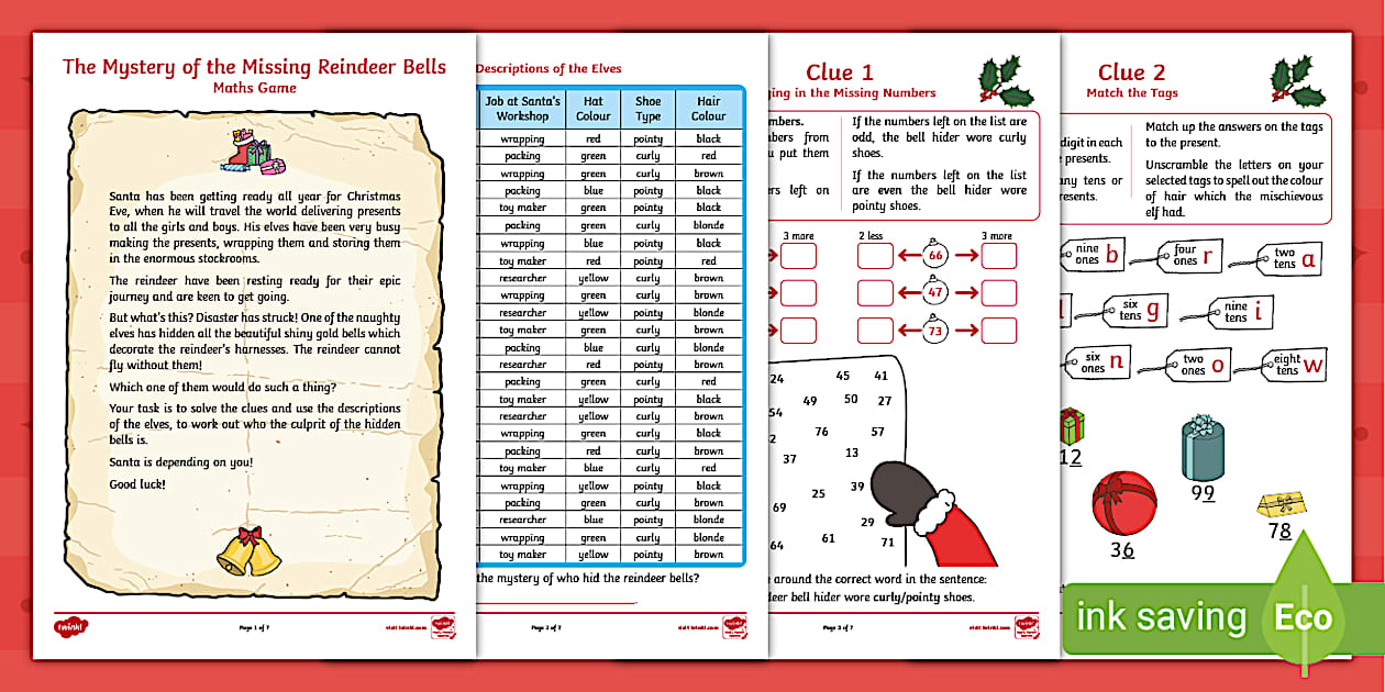 KS1 The Mystery of the Missing Reindeer Bells Maths Game