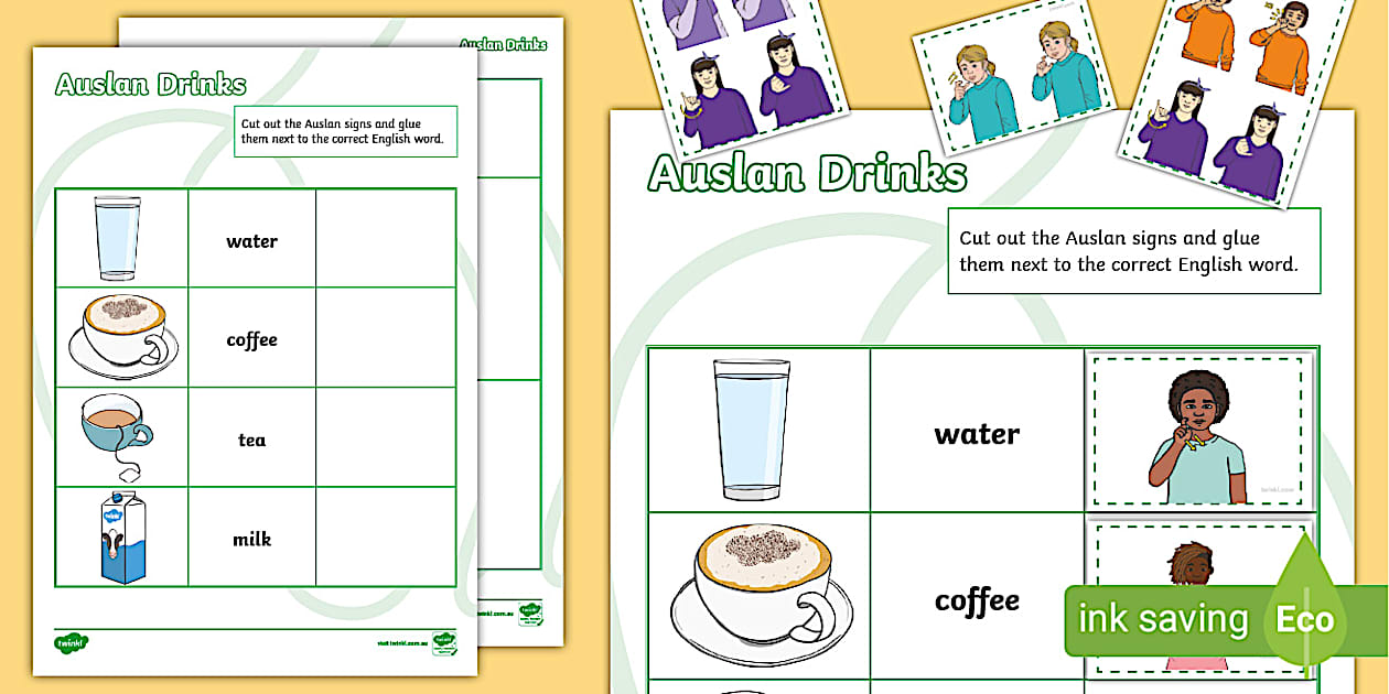 Auslan Drinks Cut and Paste Activity (Northern Dialect)