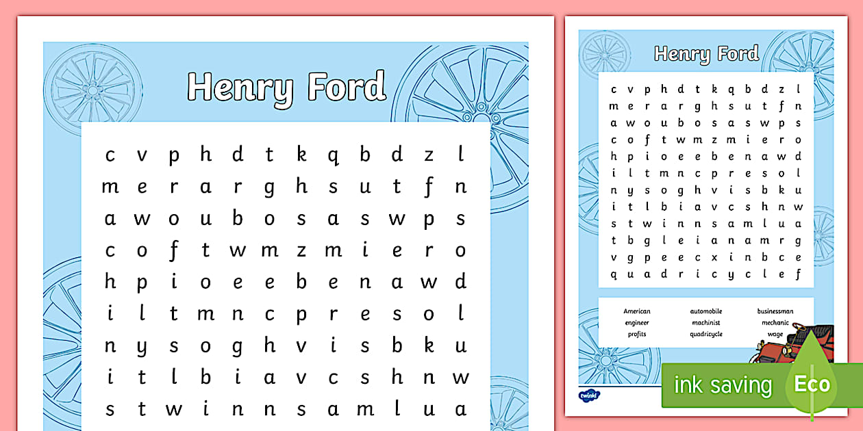 Henry Ford Word Search - cars, automobiles, transport, travel ...