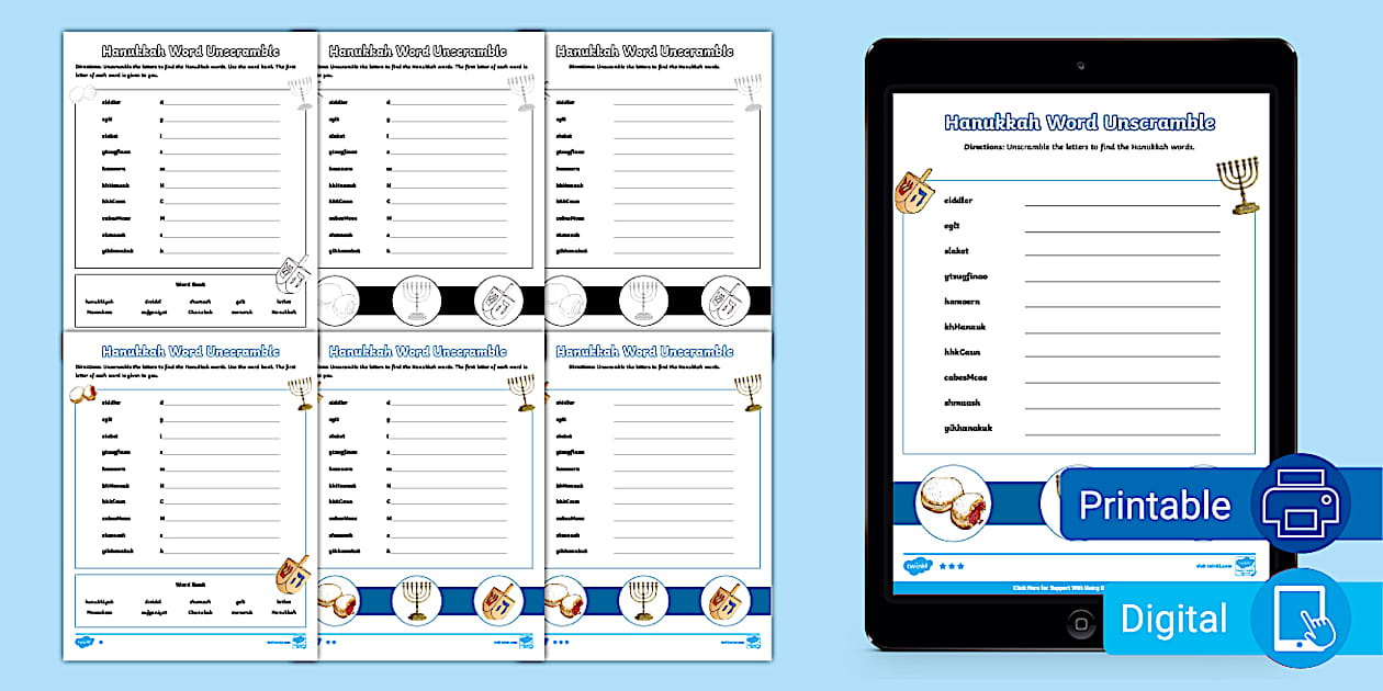 Hanukkah Differentiated Word Unscramble for 3rd-5th Grade