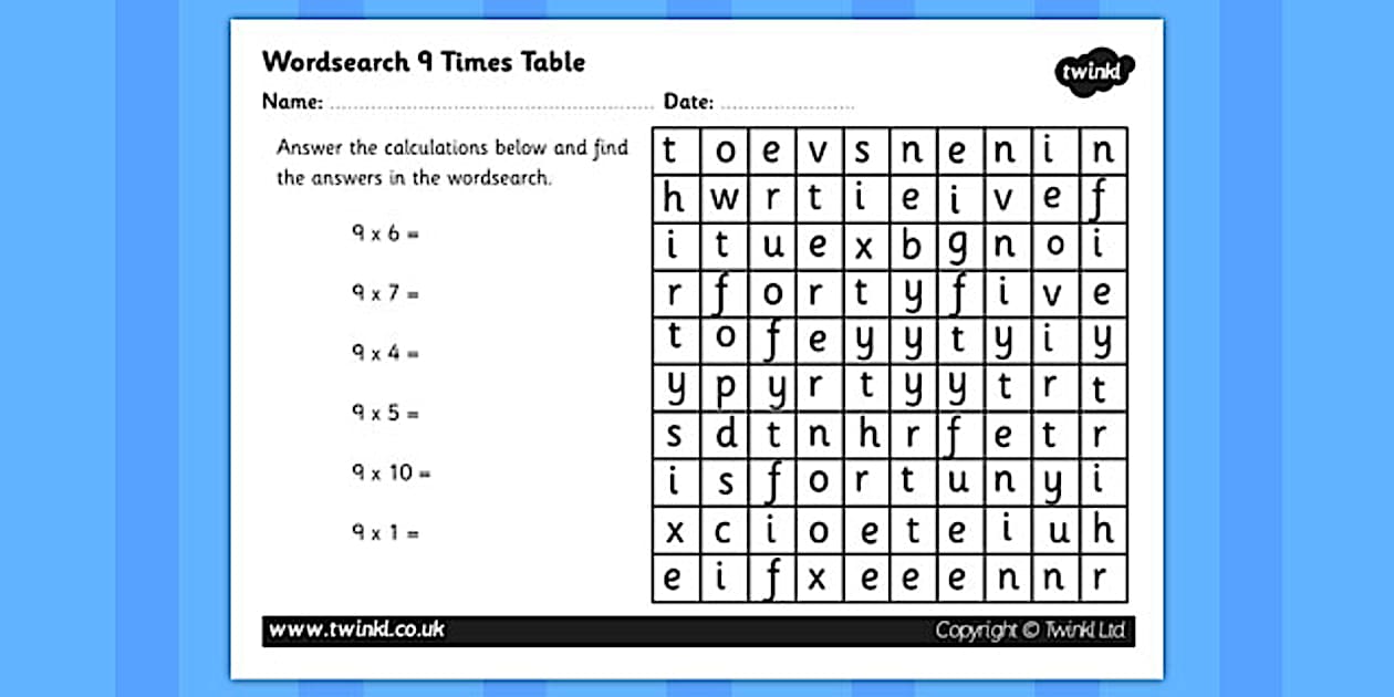 Multiplication 9 Times Tables Wordsearch Worksheet - Twinkl