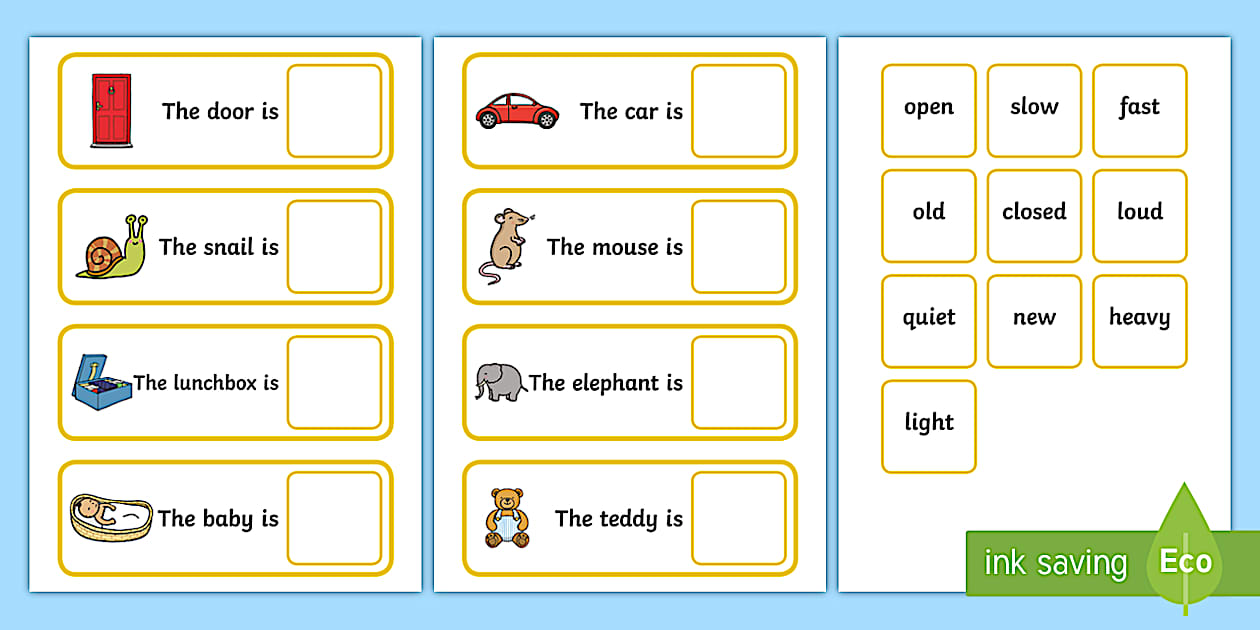 Cursive Fill In The Adjective Basic Concept Sentences Matching Activity ...