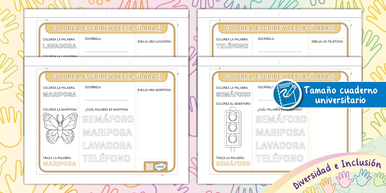 Guía |Trabajo | Colorea | Escribe | Lee | 4 sílabas | NEE