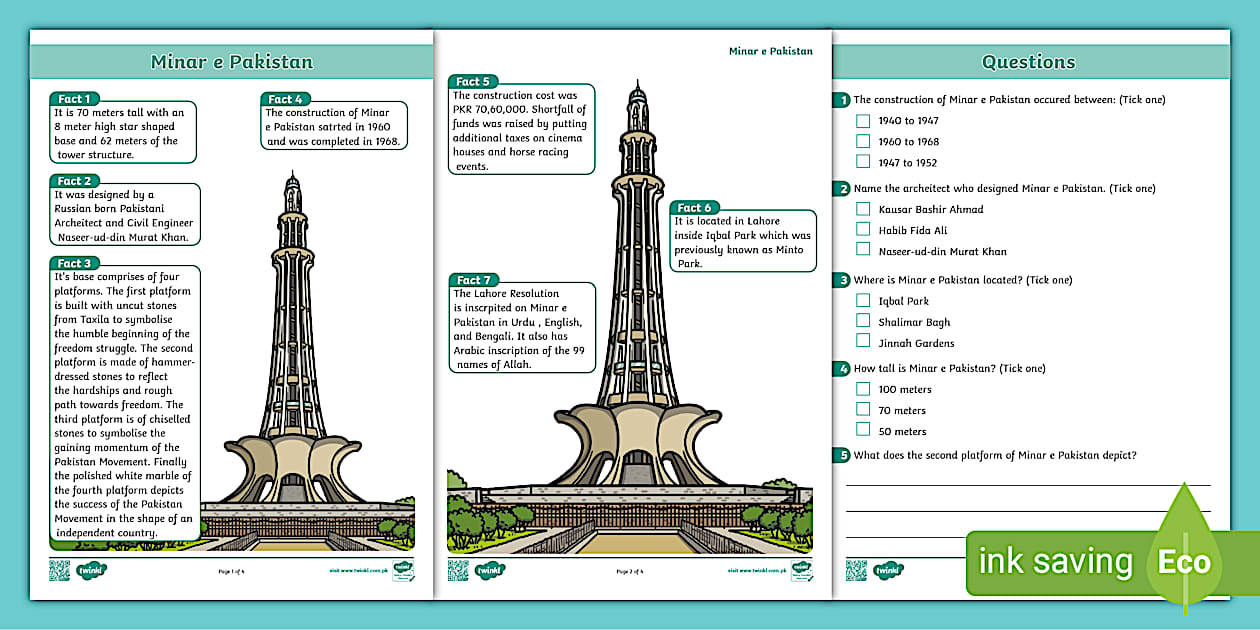 Minar e Pakistan Fact File with Questions - Twinkl