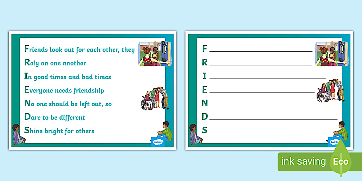 Friendship Acrostic Poem Example (teacher made) - Twinkl