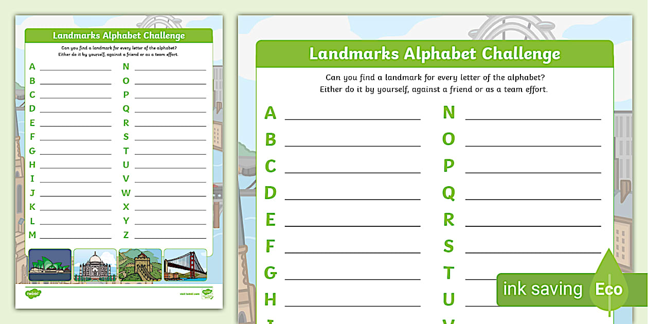 Landmarks Alphabet Challenge Worksheet - Twinkl