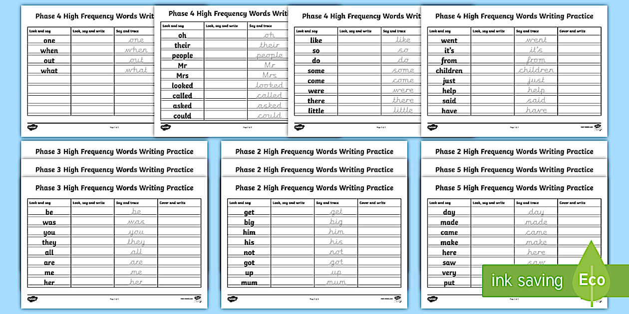 QLD Phase 2 to 5 High Frequency Words Writing Practice Worksheets Pack