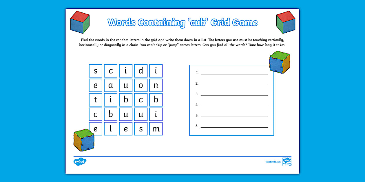 Words Containing 'cub' Word Grid Game (teacher made)