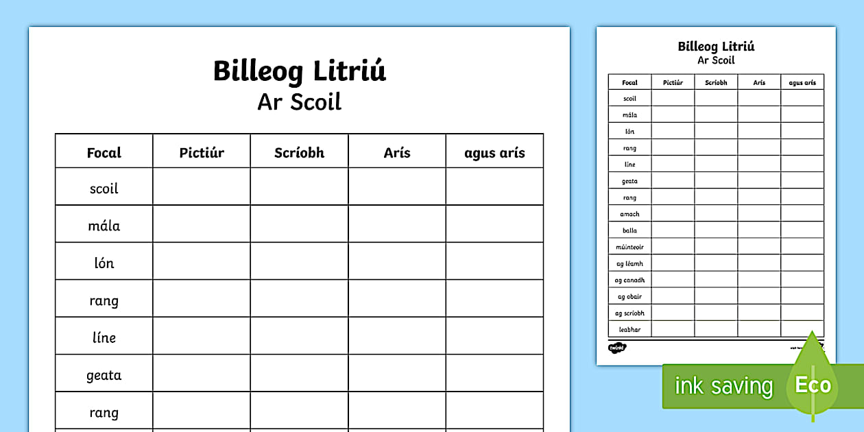School Spelling Sheet Worksheet Gaeilge