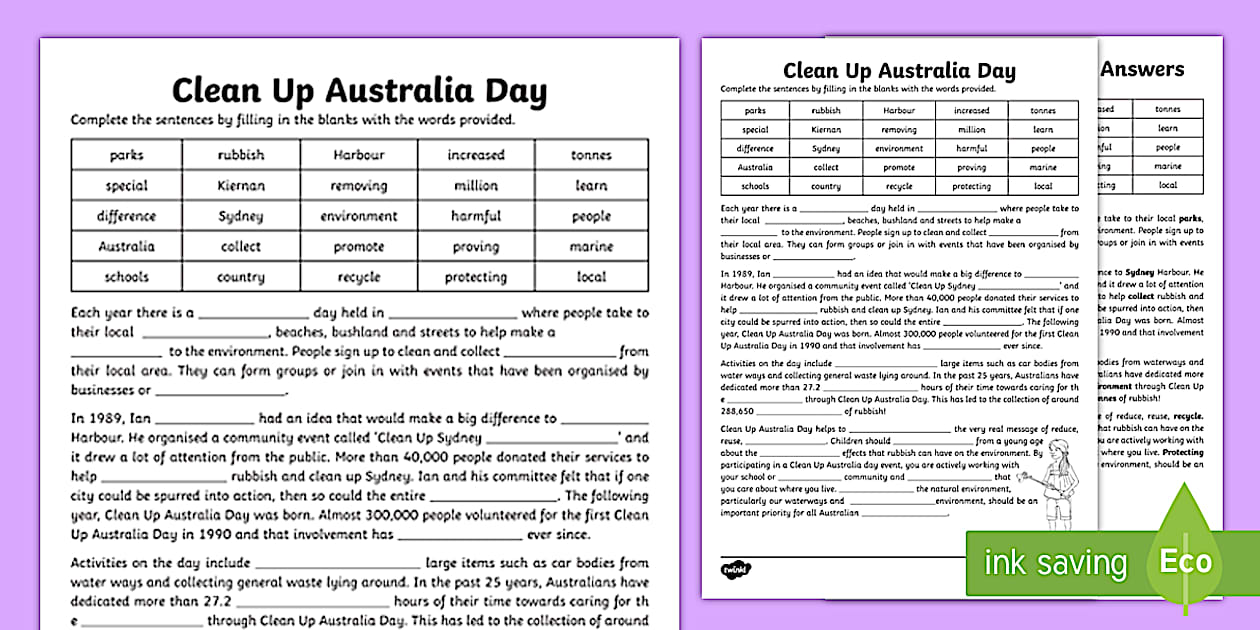 Clean Up Australia Day Year 3-6 Cloze Worksheet - Australia