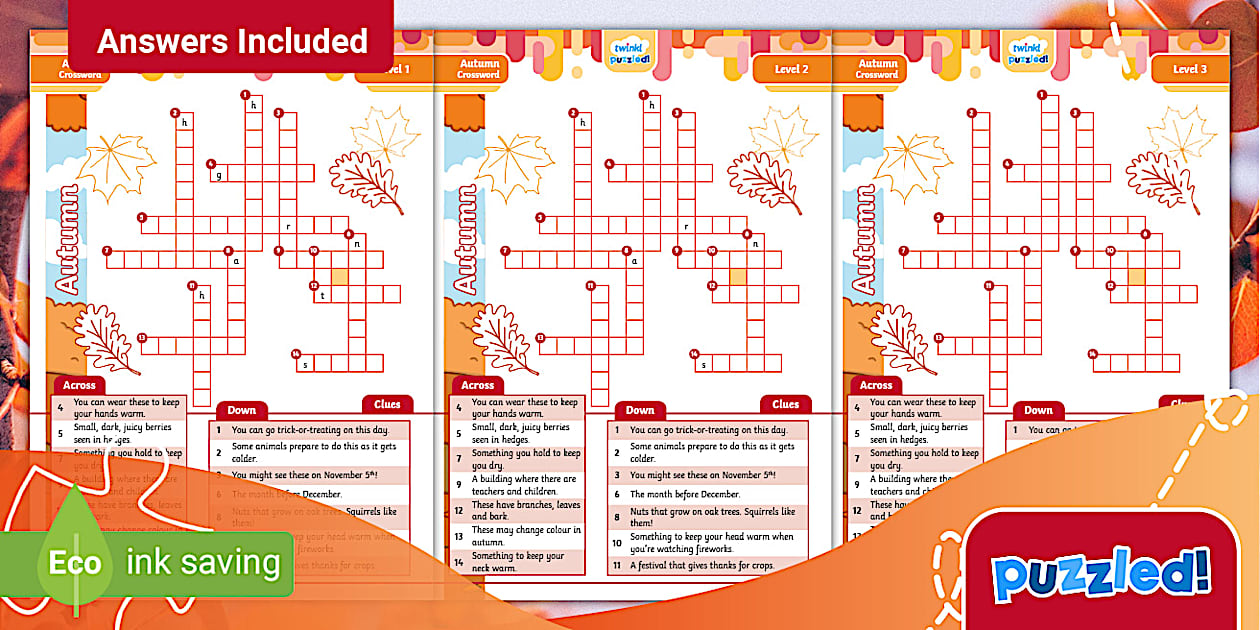 Autumn Crossword Puzzle Pack - Twinkl Puzzled - kids