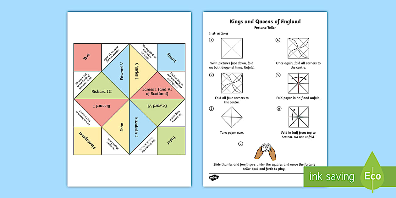 Black and White KS2 Kings and Queens of England Fortune Teller Chatterbox