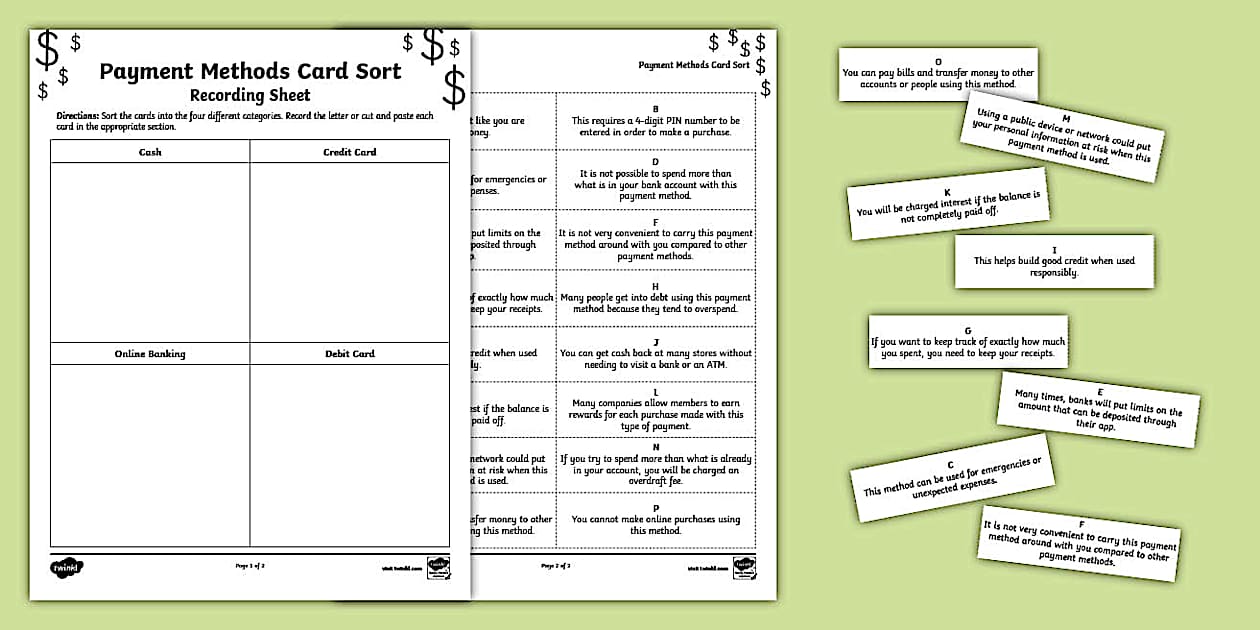 Eighth Grade Payment Methods Card Sort (teacher made)
