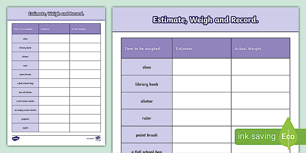Weight: Estimate, Weigh and Record Activity (teacher made)