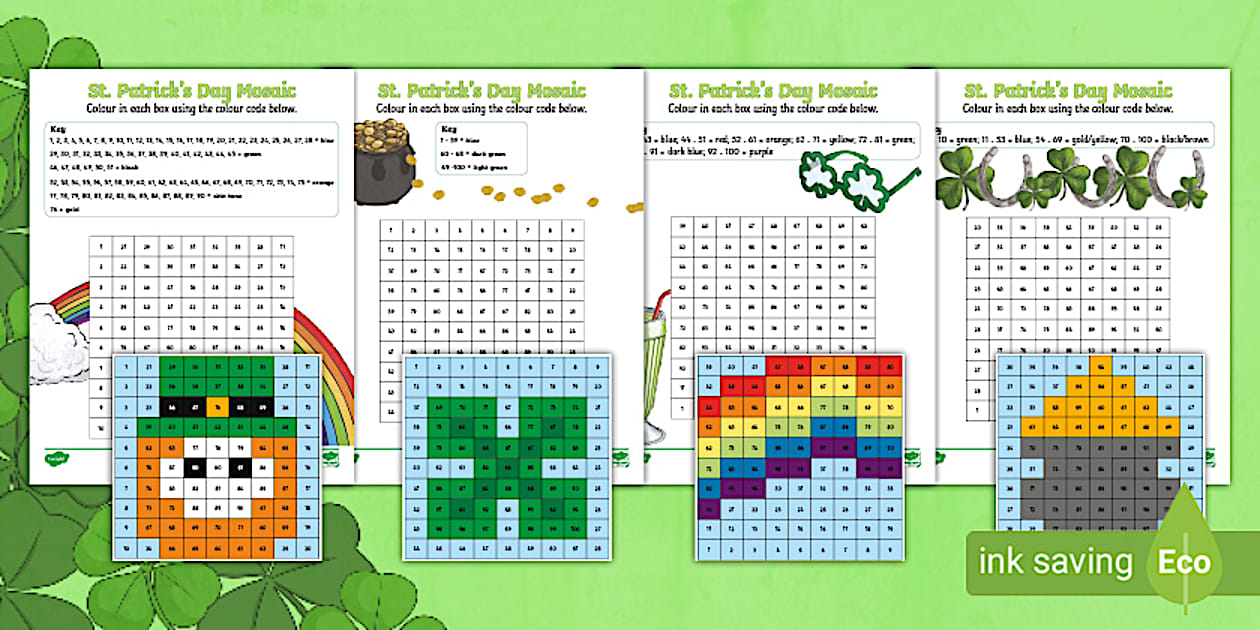St. Patrick's Day 1-100 Number Hunt Math Mosaics - St. Patrick's Day ...