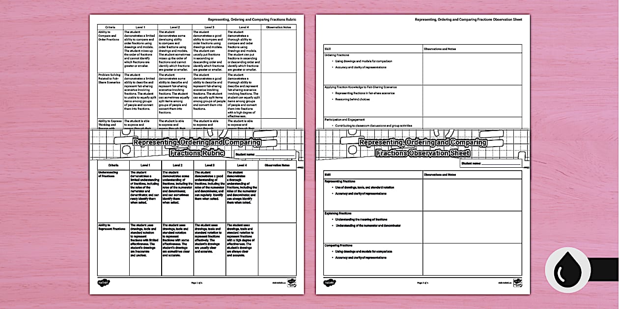 Grade 4 Fraction Rubric and Observation Sheet (teacher made)